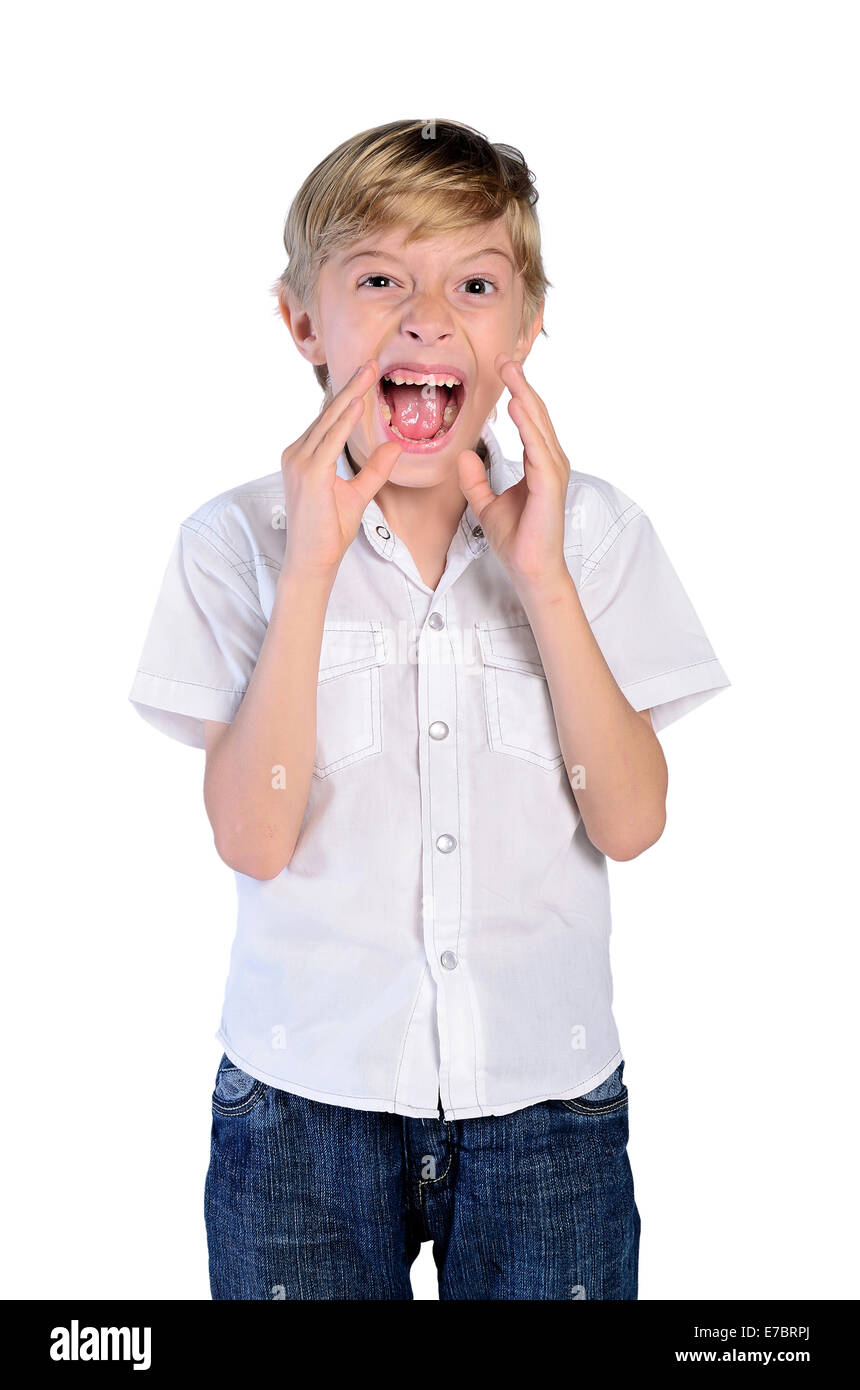 young child boy screaming on white background Stock Photo - Alamy