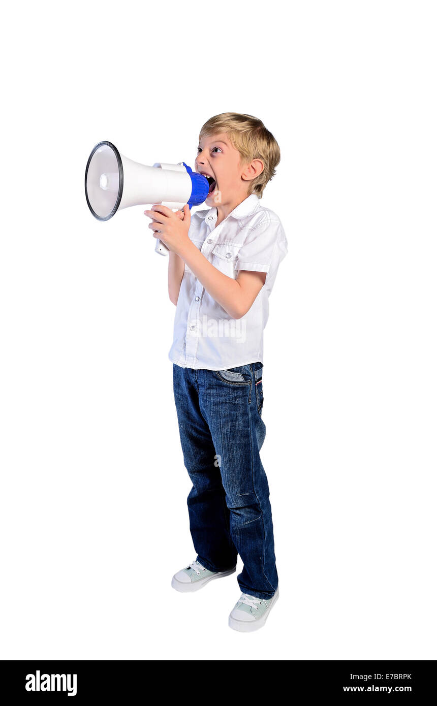 young child boy screaming loudspeaker on white background Stock Photo ...