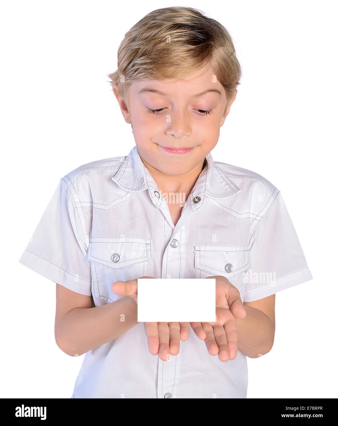young child boy giving note on white background Stock Photo - Alamy
