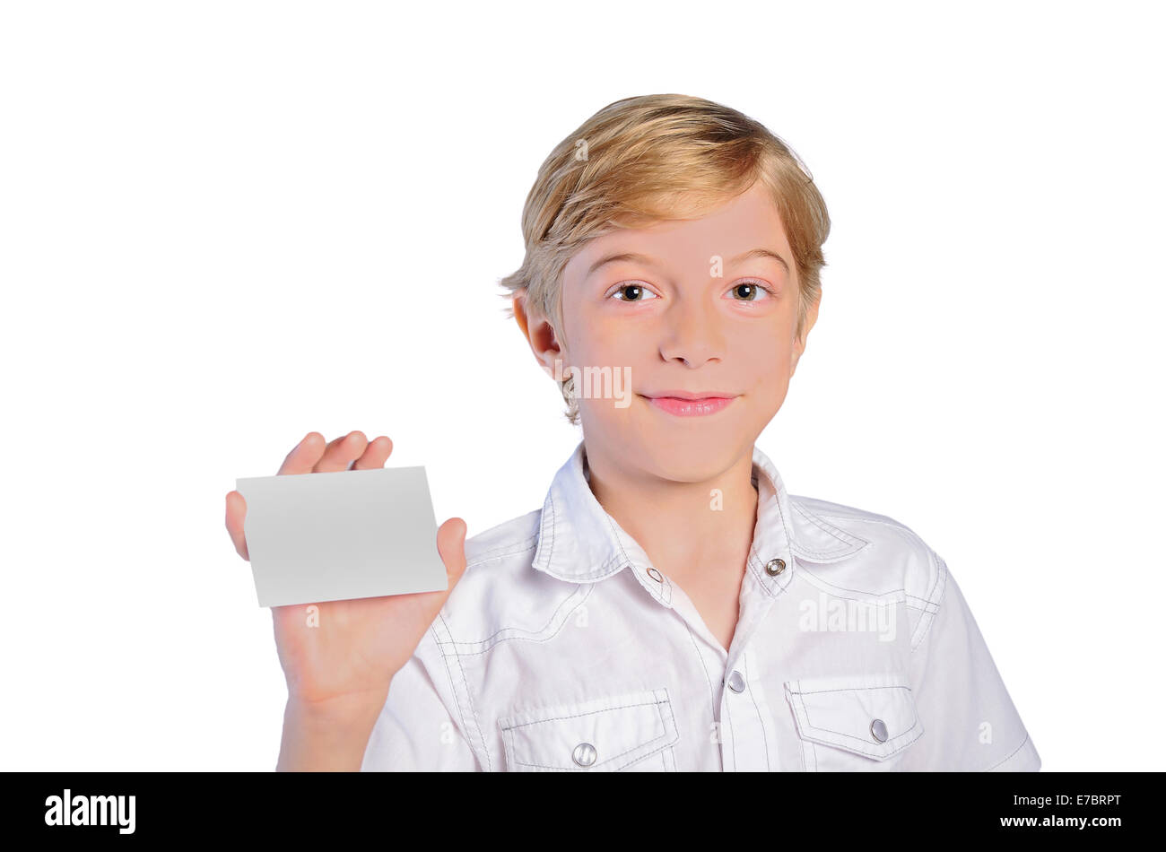 young child boy showing note on white background Stock Photo - Alamy