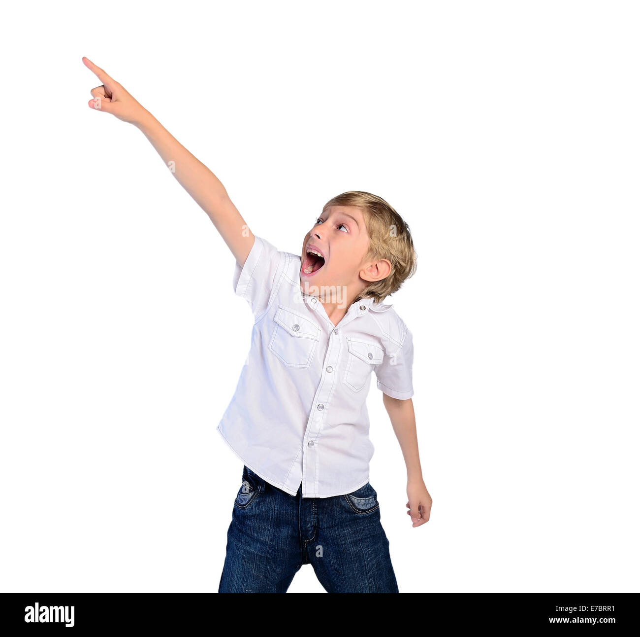 young child boy pointing on white background Stock Photo - Alamy