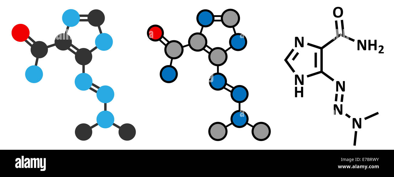 Dacarbazine cancer chemotherapy drug molecule. Conventional skeletal ...
