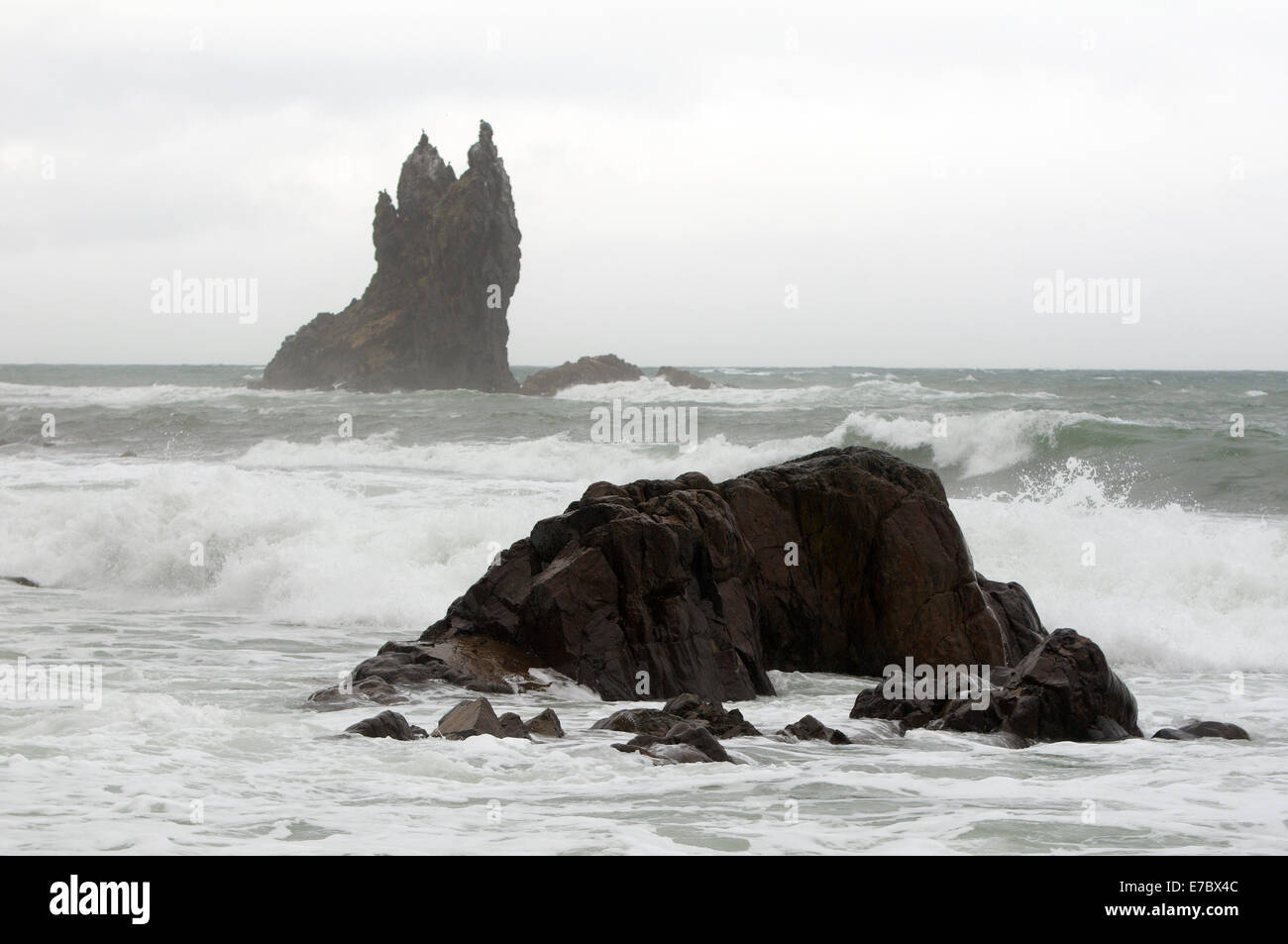Cliff two brothers, twins, or two fingers during a storm, Sea of Japan ...