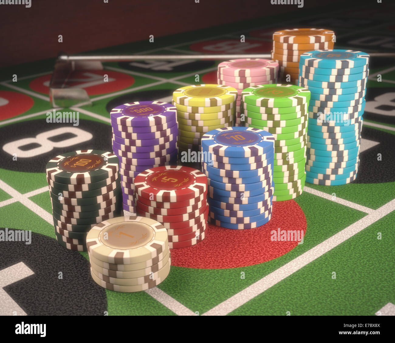 Colorful chips on a green table. Depth of field on some chips. Clipping ...