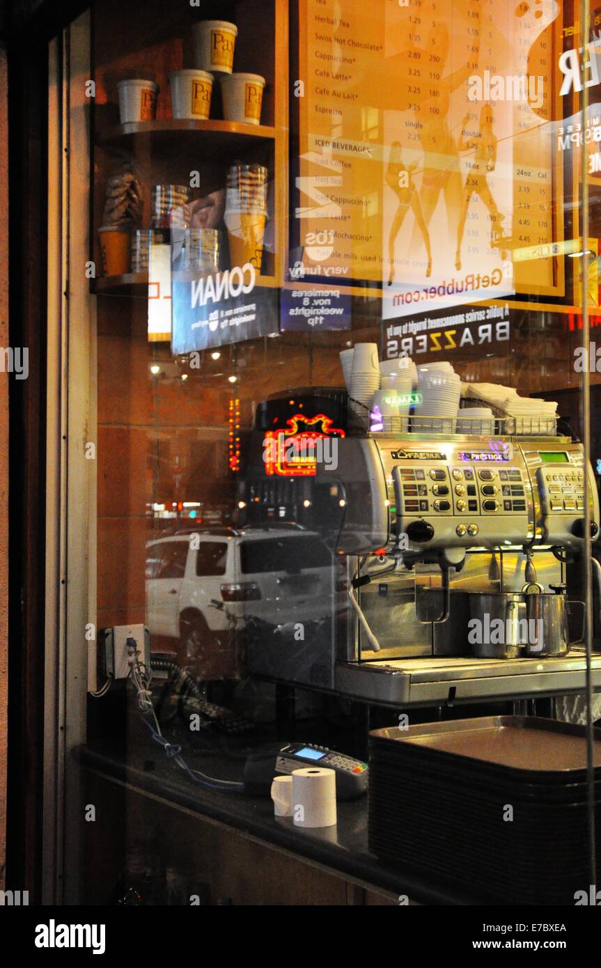 reflections of Broadway neon signs in a Manhattan cafe window Stock ...