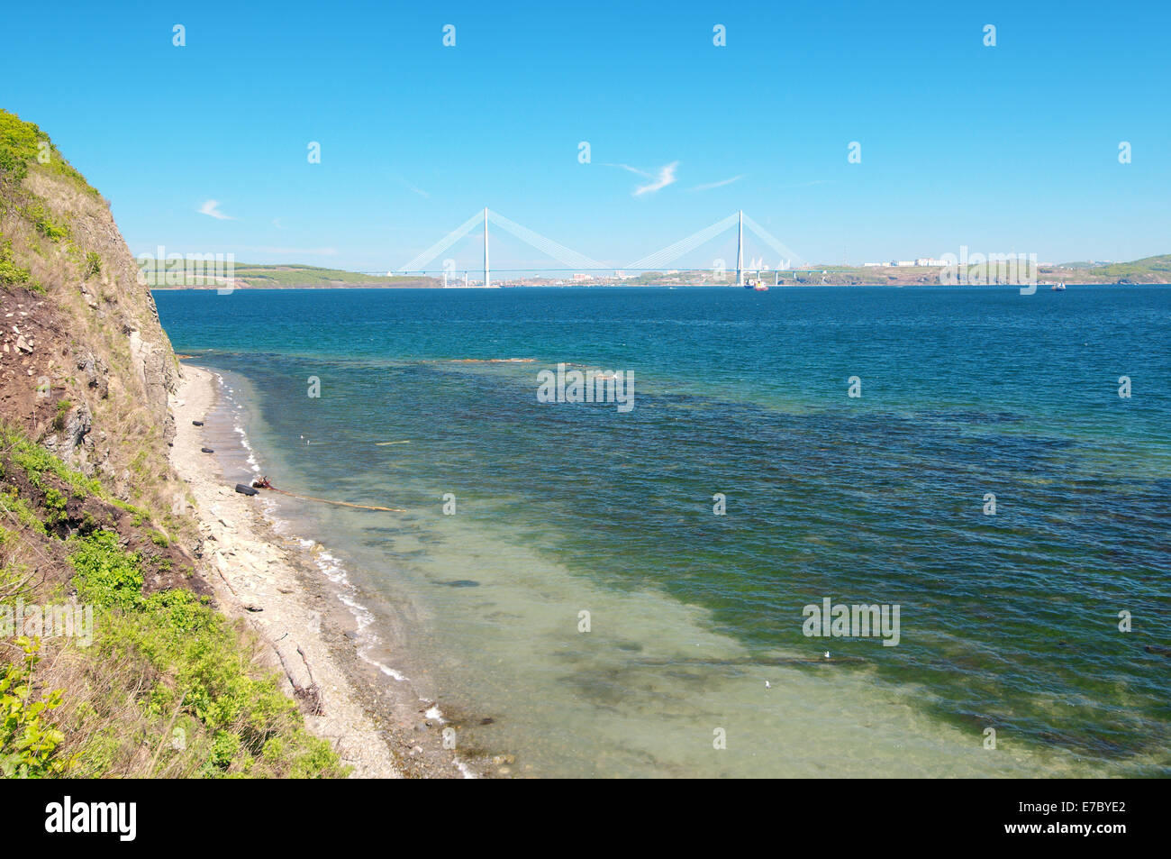 Cable-stayed bridge on the Russky Island, Vladivostok, Sea of Japan ...