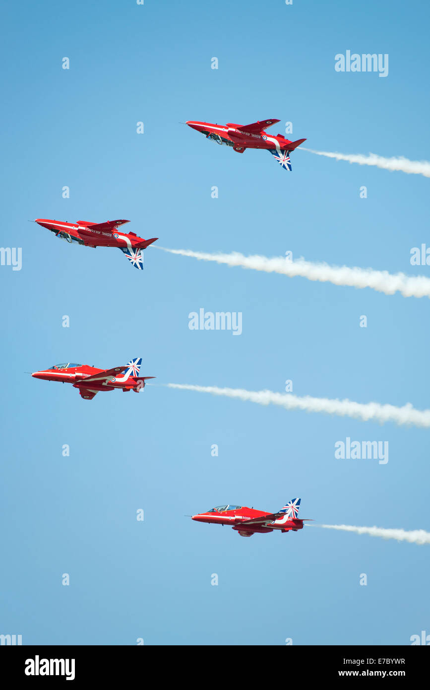 PAYERNE, SWITZERLAND - SEPTEMBER 6: Flight of RAF Red Arrows aerobatic ...