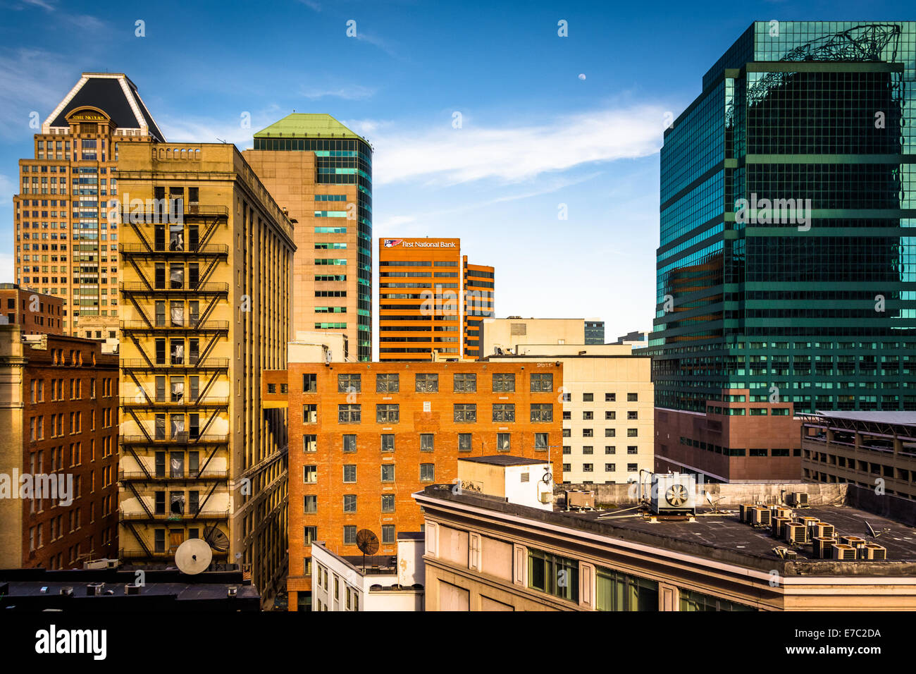 Cluster of highrises seen from a parking garage in downtown Baltimore ...
