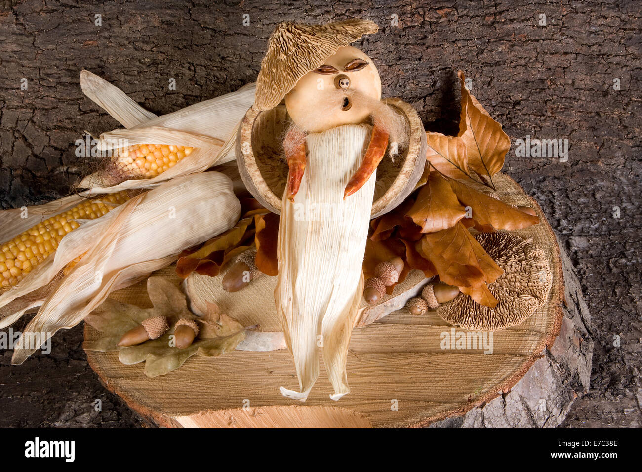 Puppet made of corn, fungi and gourds as an autumn decoration Stock ...