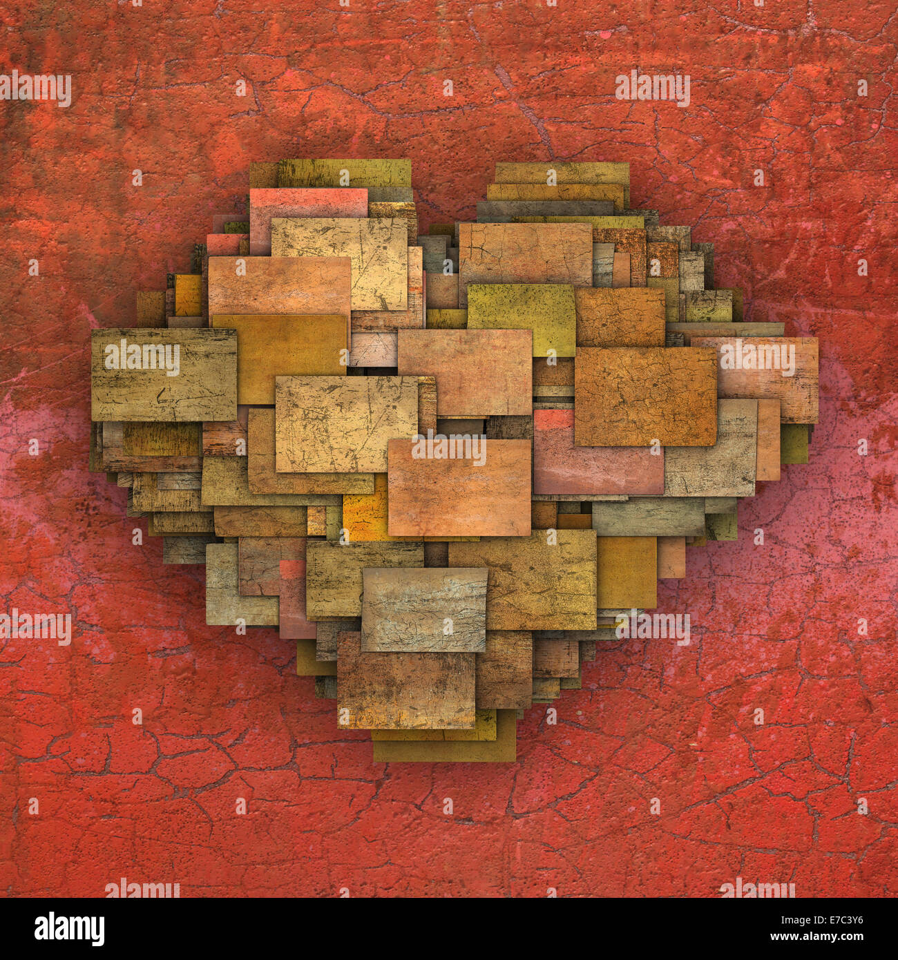 3d fragmented love heart shape square tile grunge pattern Stock Photo ...