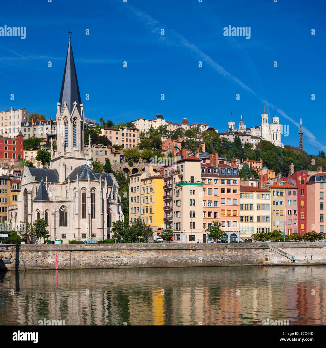 Lyon cityscape from Saone river with colorful houses and river Stock ...