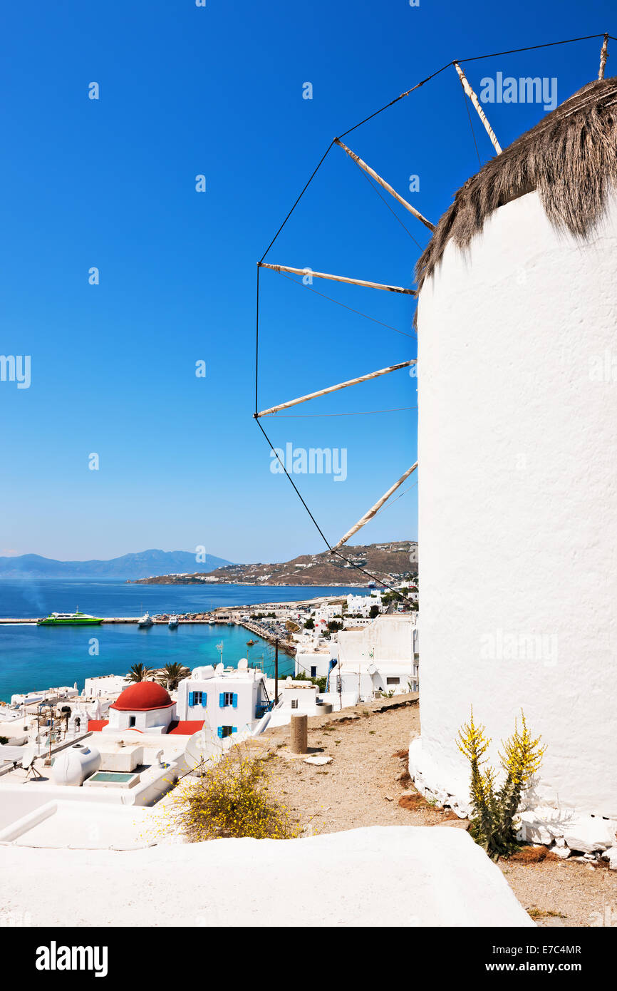 Windmill Milos Boni over Mykonos harbour, Cyclades, Greece Stock Photo ...