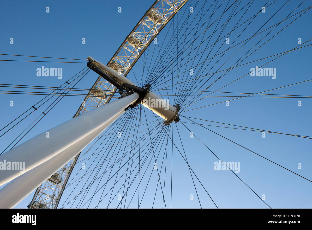 Close-up of the Spindle on the London Eye, a giant Ferris Wheel on the ...