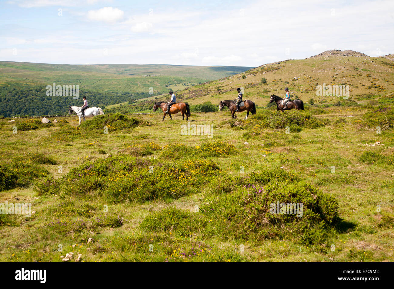 People riding horses by Sharp Tor, Dartmoor national park, Devon ...