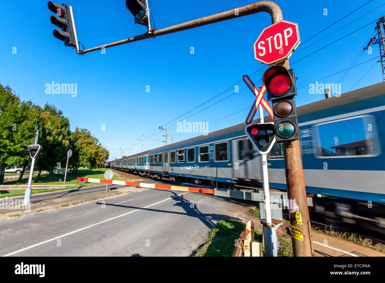 view of a moving train with red light and stop sign Stock Photo - Alamy