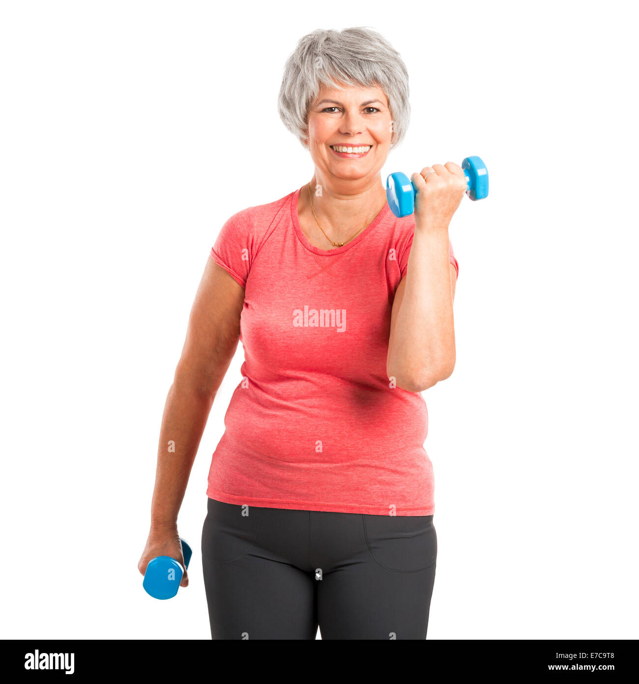 Happy fitness old woman lifting dumbbells and smiling Stock Photo - Alamy