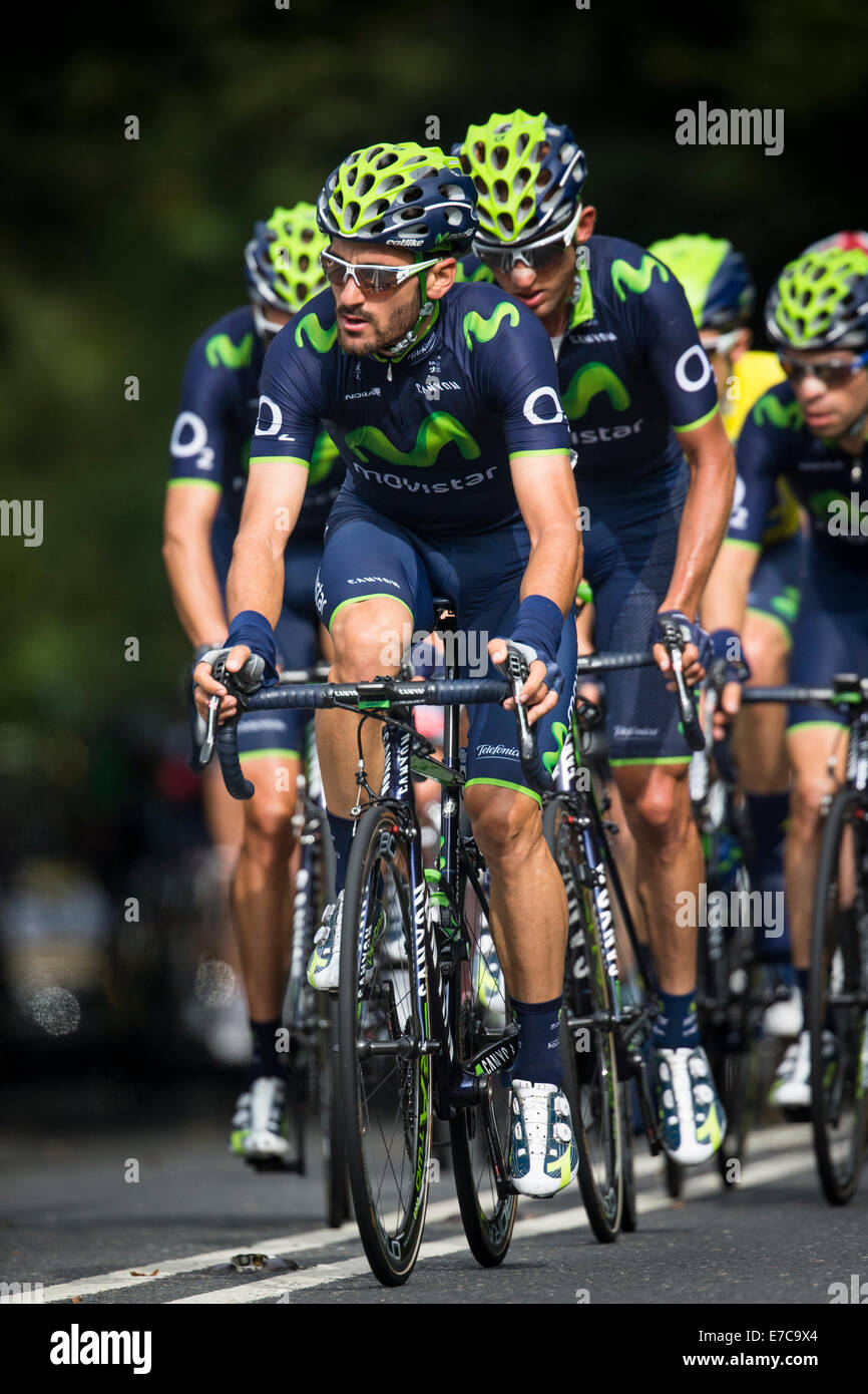 Fernhurst, UK. 13th Sep, 2014. The Movistar team lead the main peloton ...