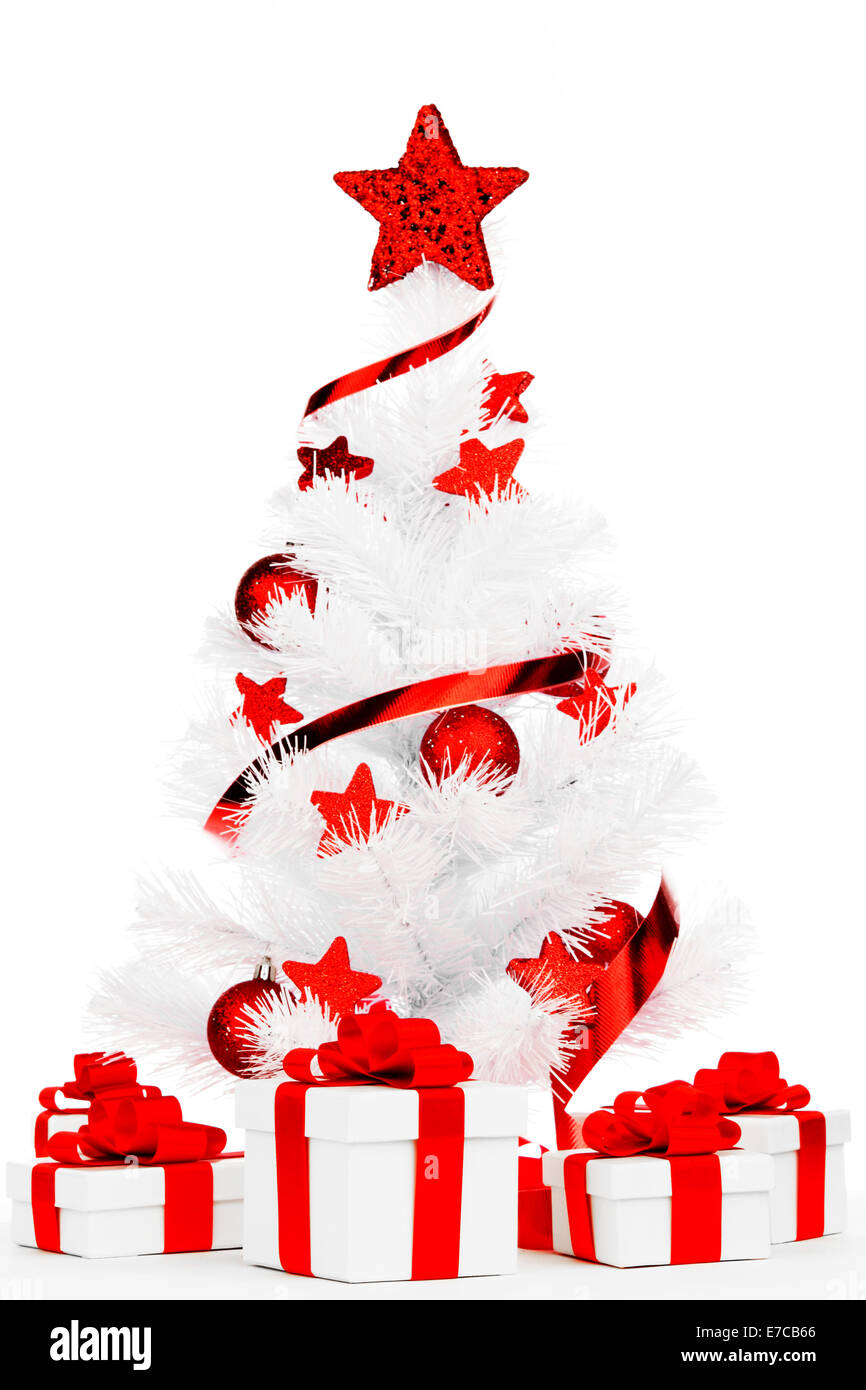 White christmas tree and presents isolated on white background Stock ...