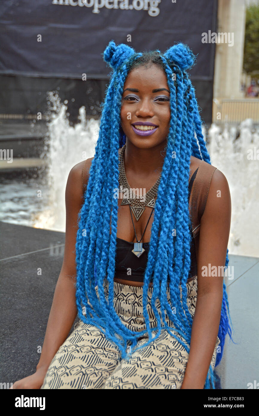 Portrait of teenage student with blue hair at Fashion Week 2014 in New ...