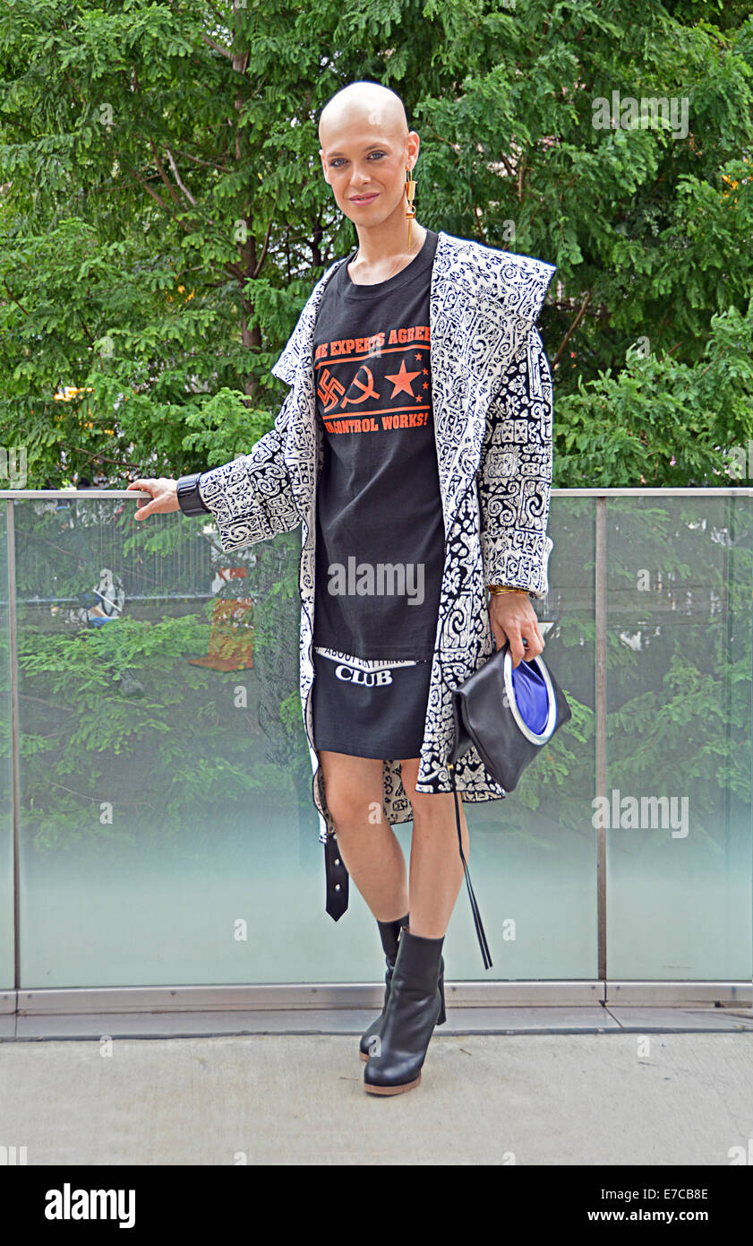 Portrait of a gender ambiguous man in a skirt at Fashion Week 2014 in ...