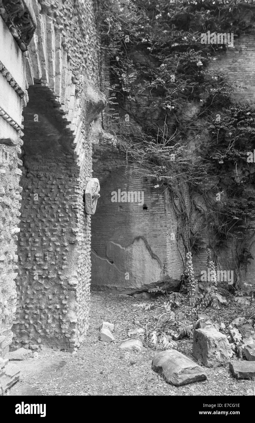 Exterior of Roman ruins with vegetation and plants overgrowing the area ...