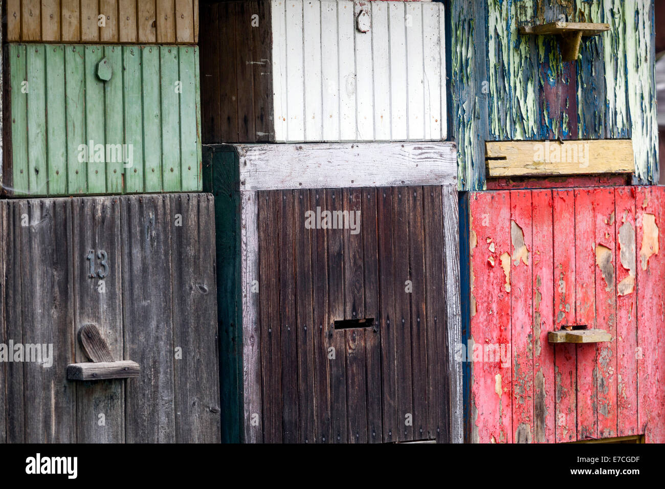 Old hives apiaries, colored beehives, rural wooden beehive, painted ...