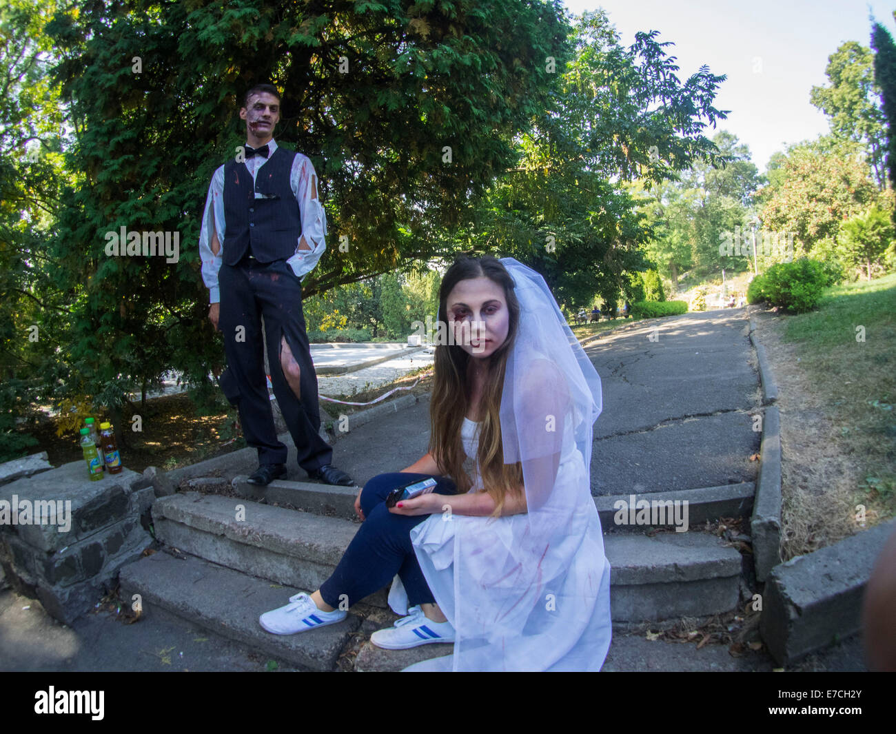Kiev, Ukraine. 13th September, 2014. People dressed as a zombie parades ...
