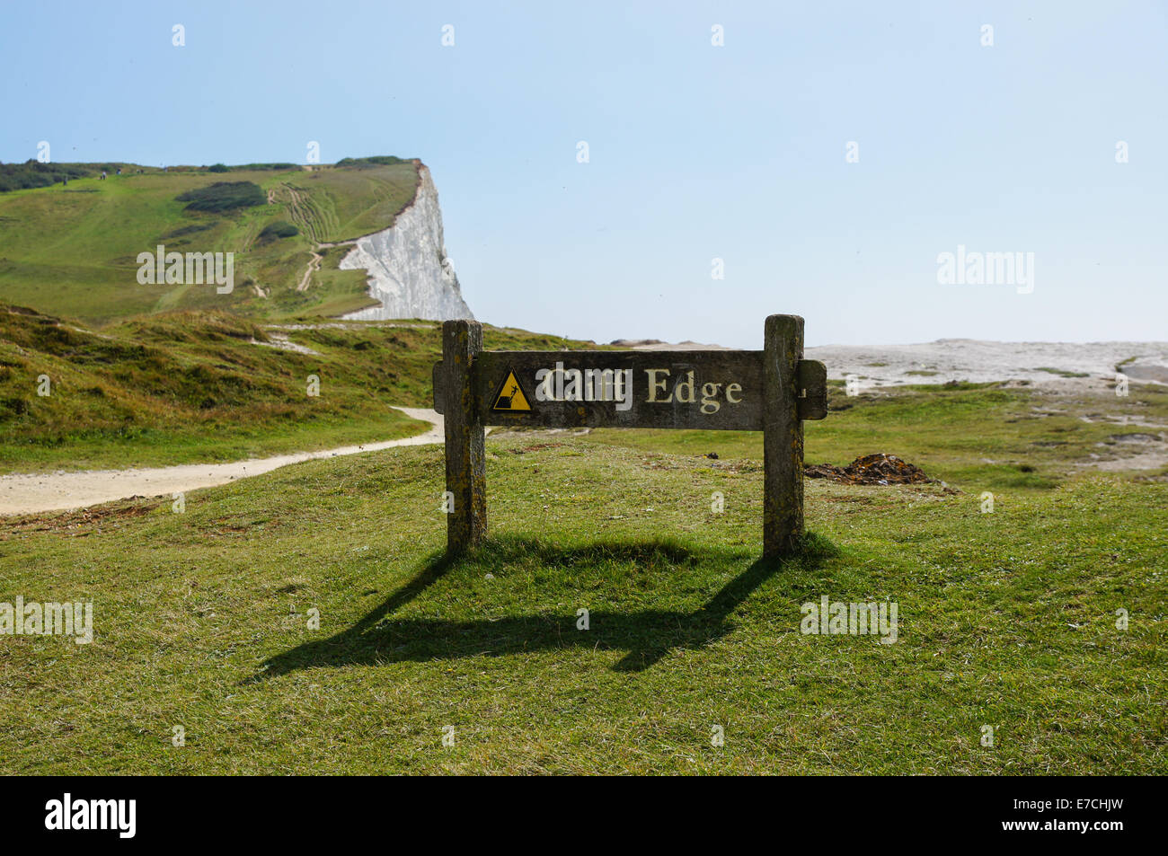 Cliff edge warning sign at Seaford Head in Seaford East Sussex England ...