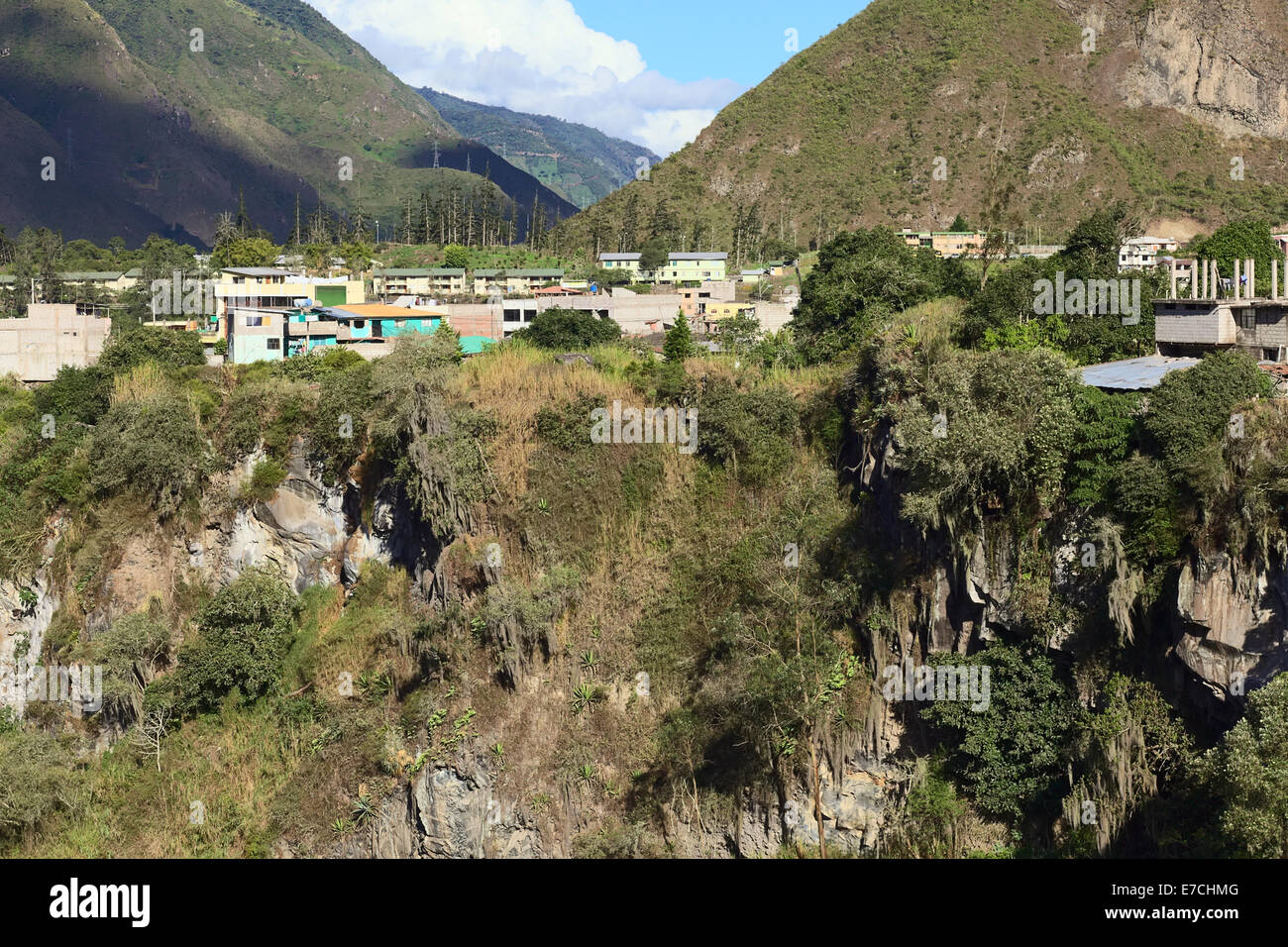 The small town of Banos in Central Ecuador along the edge of a cliff ...