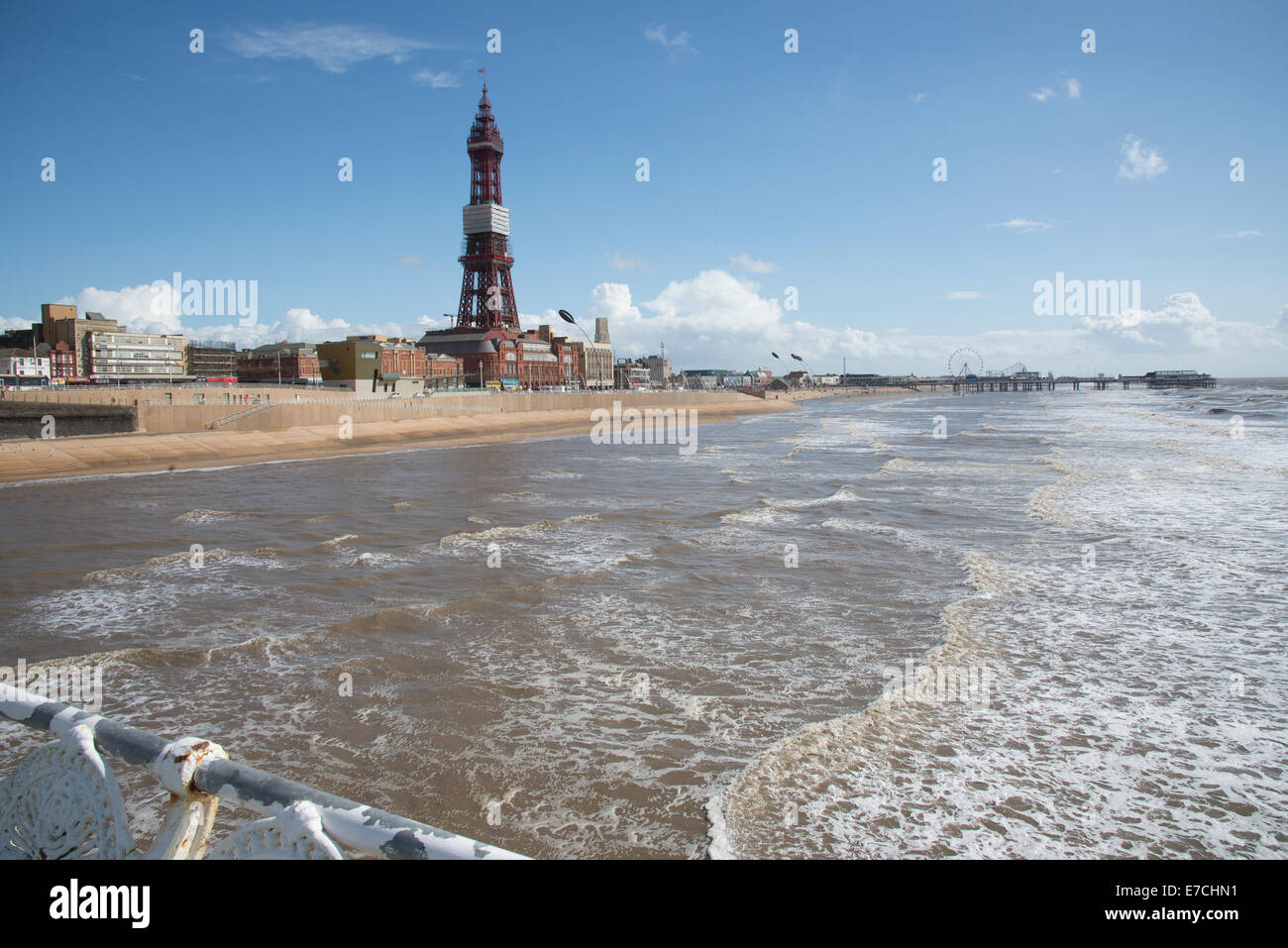 Blackpool seafront and famous tower seen from North Pier England UK ...