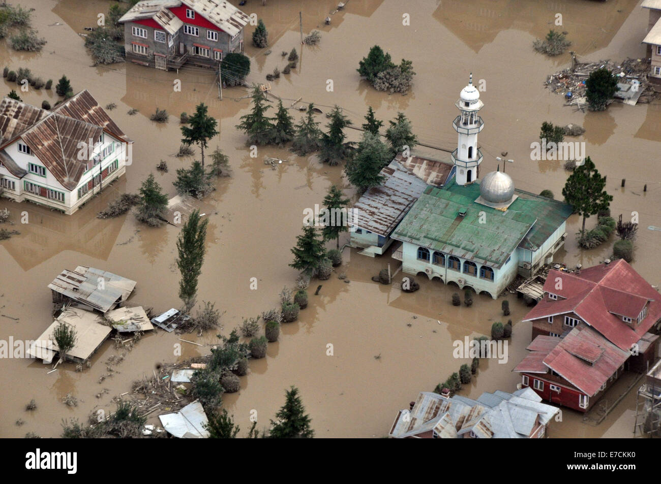 An aerial view of houses submerged in flood waters in Srinagar on ...