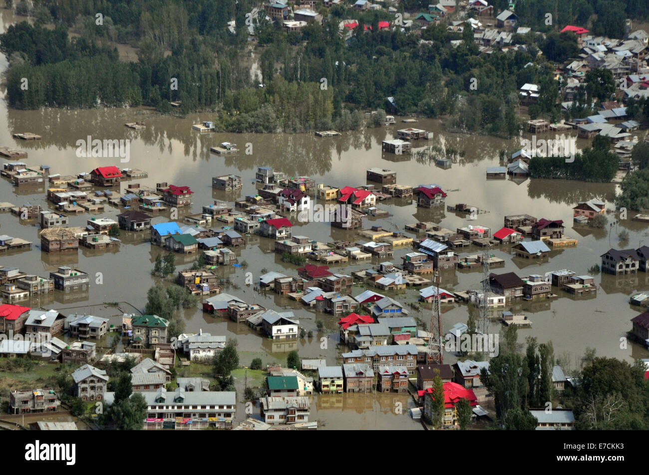 An aerial view of houses submerged in flood waters in Srinagar on ...