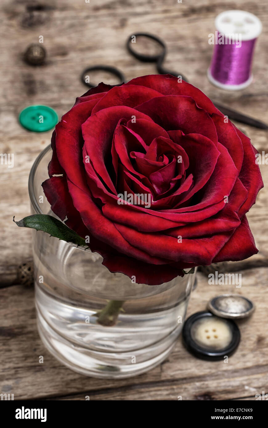 composition with red rose and sewing accessories and tools Stock Photo ...