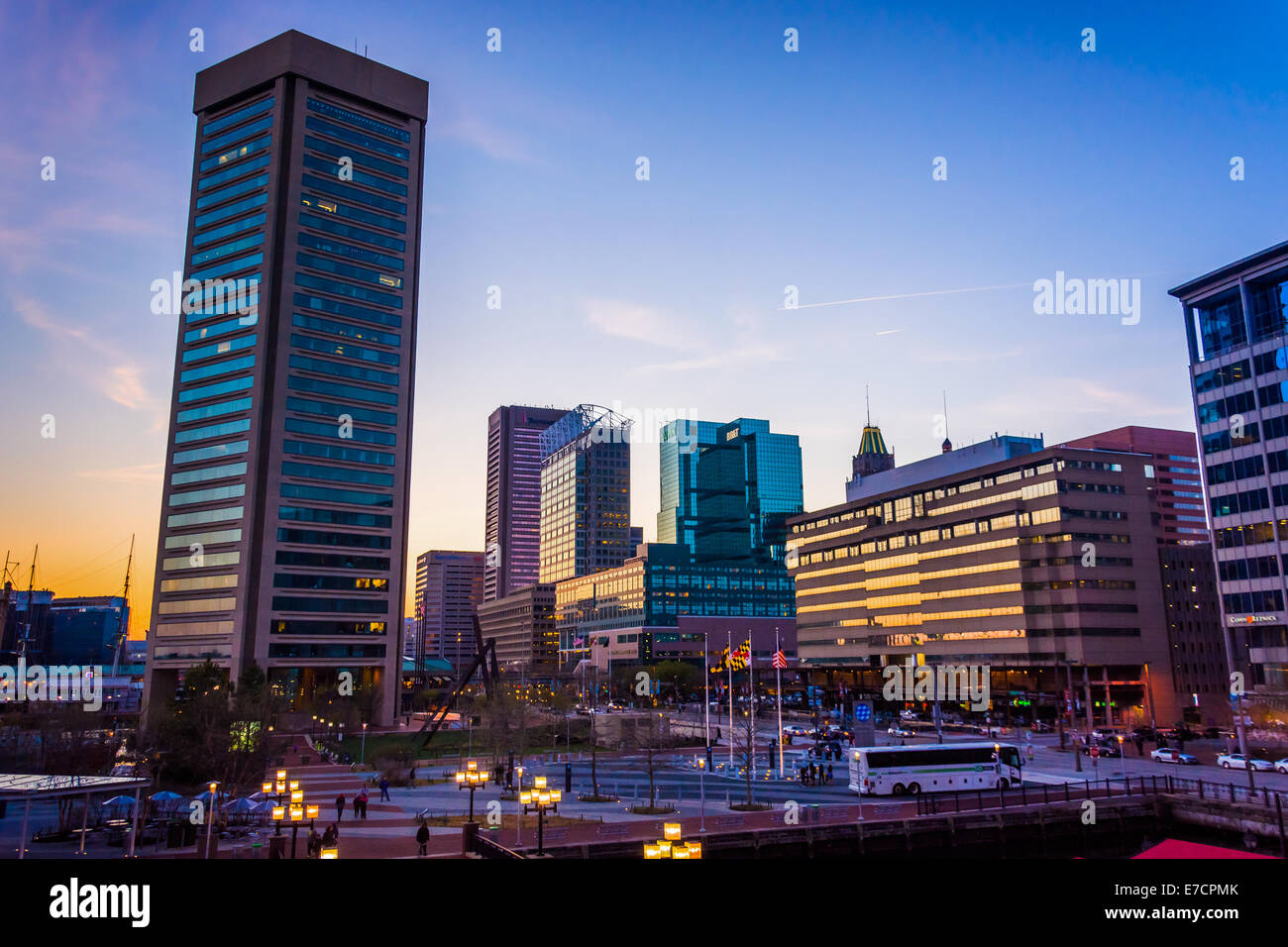 The skyline at sunset, at the Inner Harbor in Baltimore, Maryland Stock ...