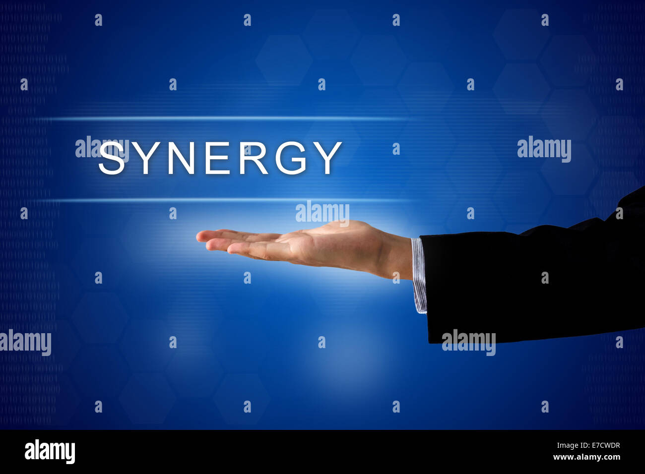 synergy button with business hand on a touch screen interface Stock ...