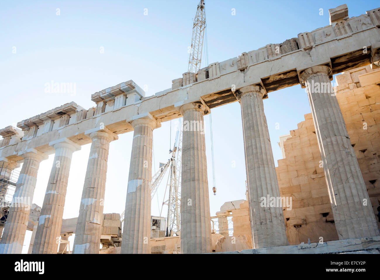 Reconstruction work on the Parthenon, the temple in the Acropolis of ...