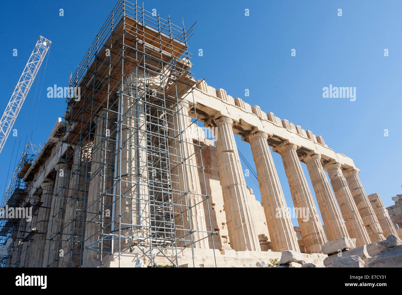 Reconstruction work on the Parthenon, the temple in the Acropolis of ...