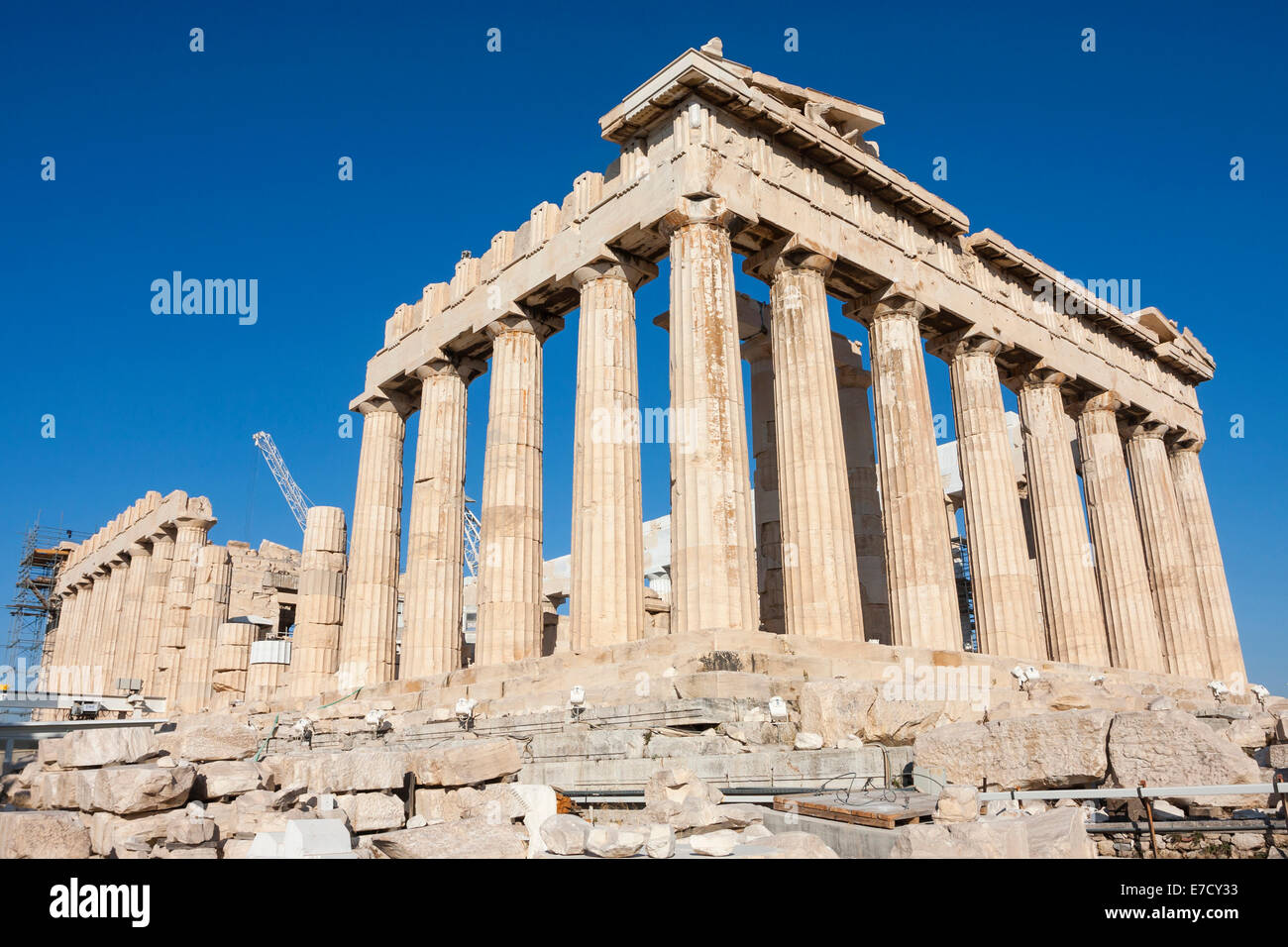 Reconstruction work on the Parthenon, the temple in the Acropolis of ...