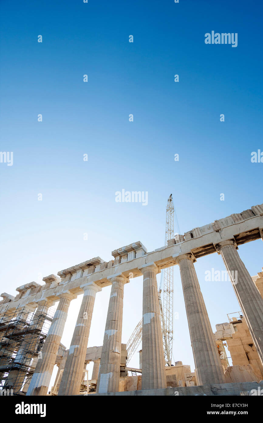 Reconstruction work on the Parthenon, the temple in the Acropolis of ...