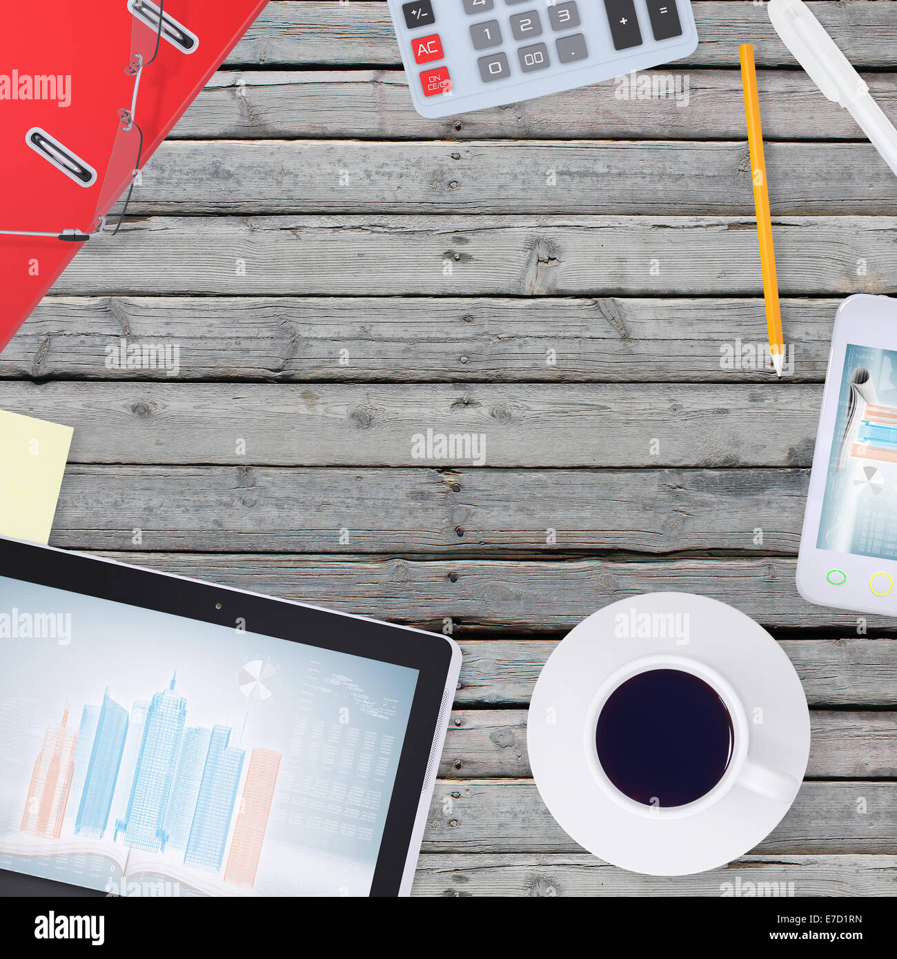 Lie on wooden floor office objects Stock Photo - Alamy