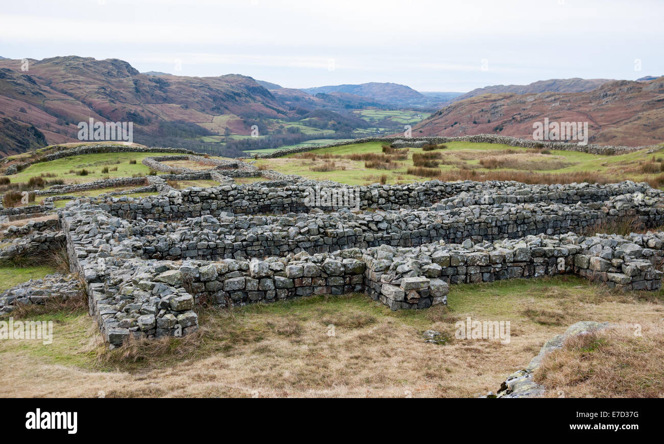 Roman fort ruin at the Hardknott Pass, with the Eskdale valley opening ...