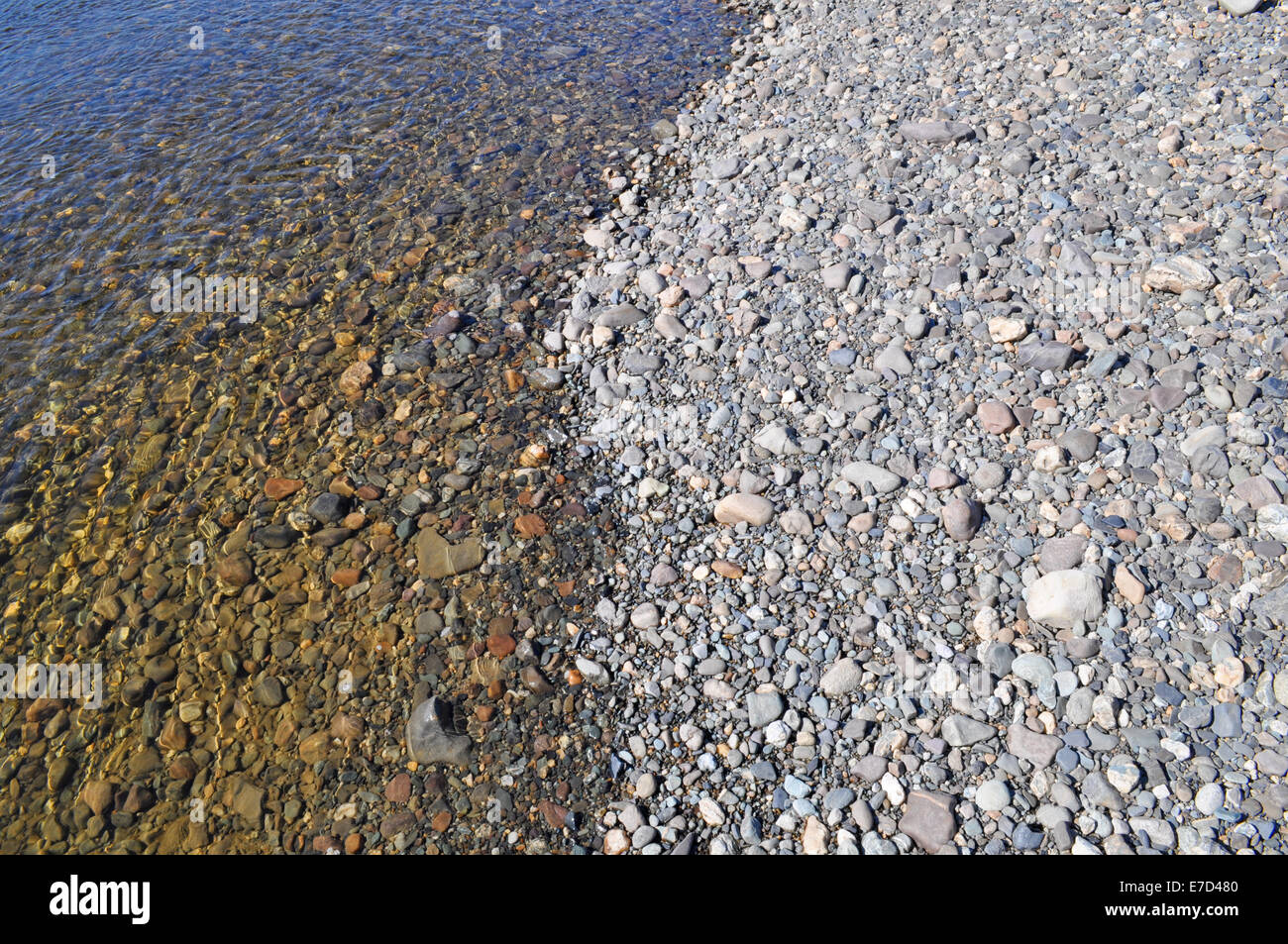 Background of river pebbles. River pebbles on the shore and under a ...