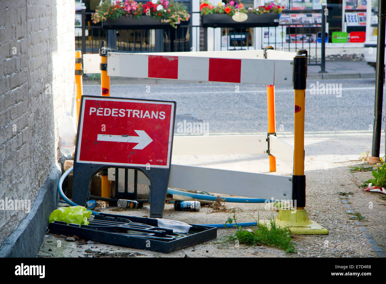 Hazard barrier with sign on a pathway, Sudbury, Suffolk, UK Stock Photo ...