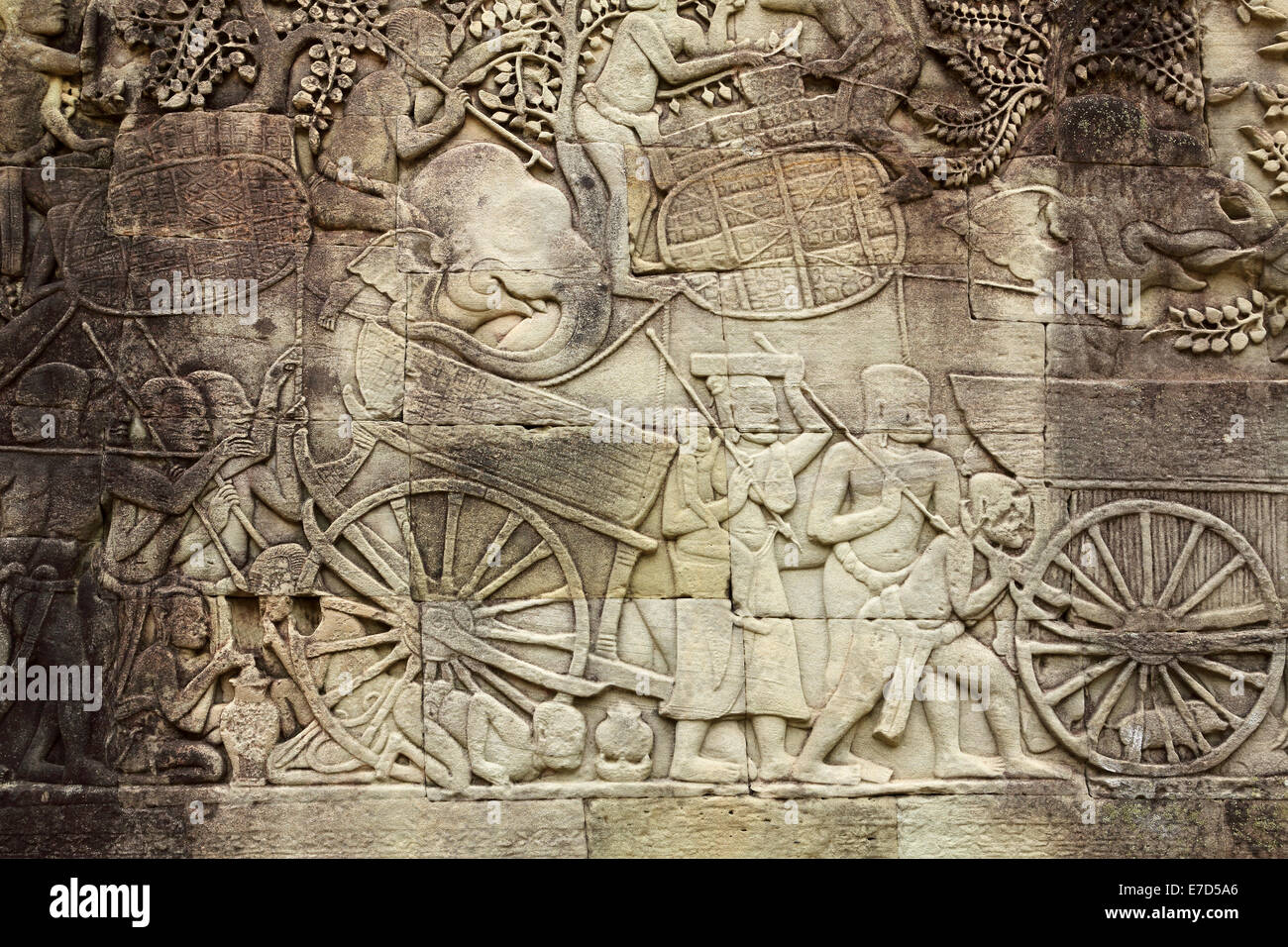 Bas relief panel at the Bayon temple, part of Angkor Wat in Siem Reap ...