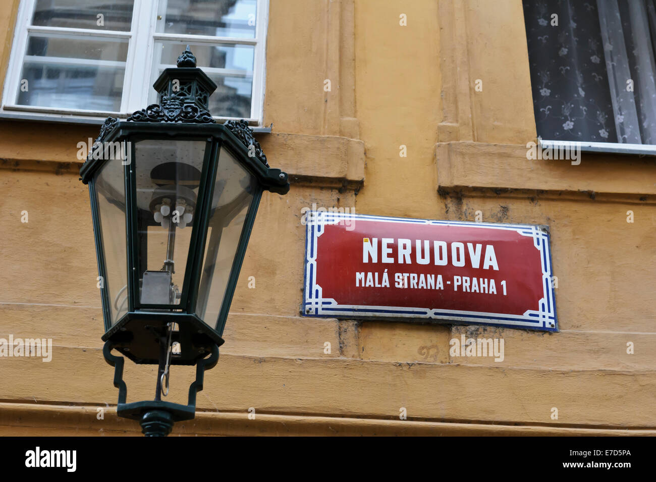 A typical street sign with white letters on a red background in the ...
