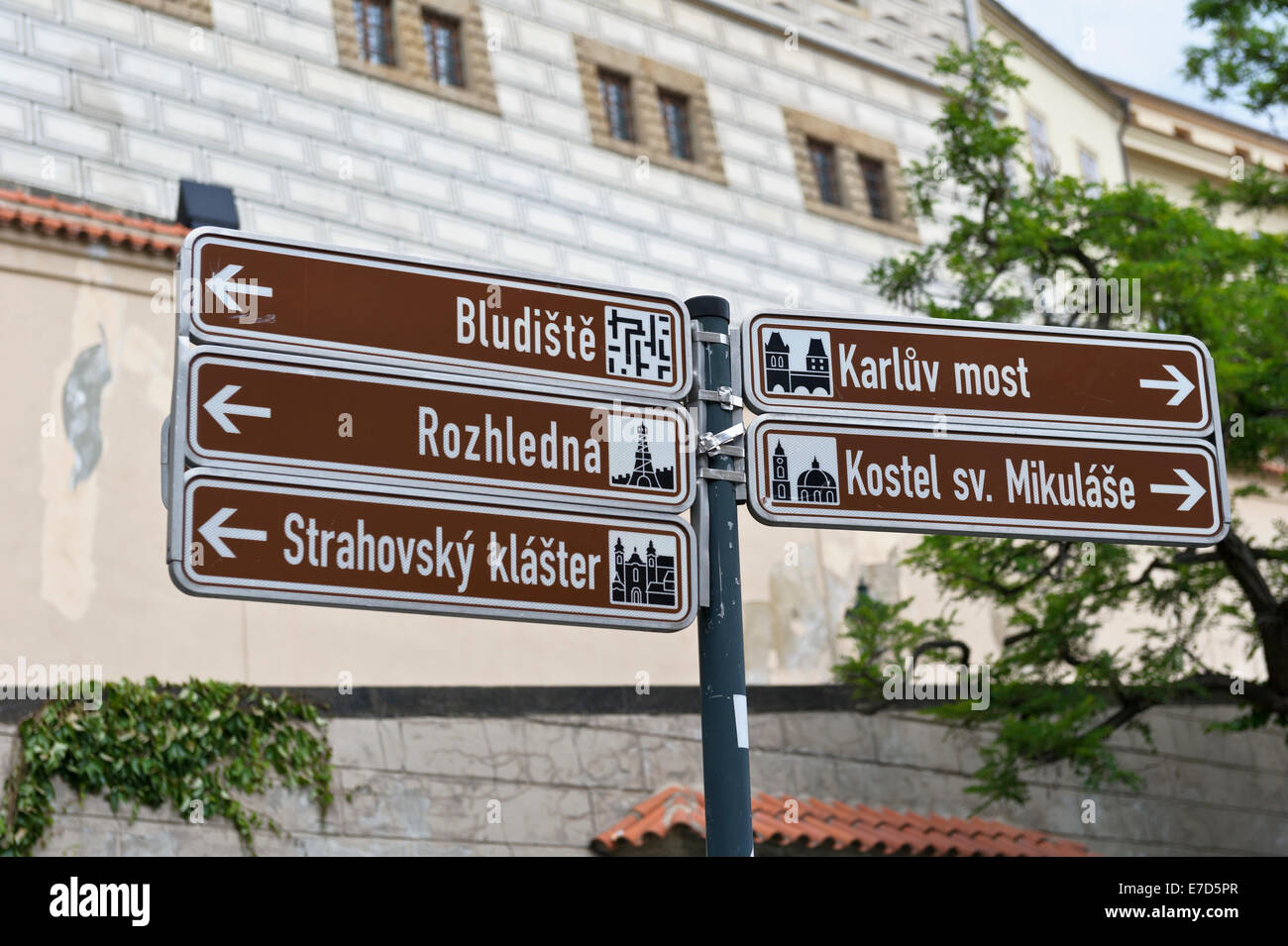 Street signs of popular landmarks in the City of Prague, Czech Republic ...