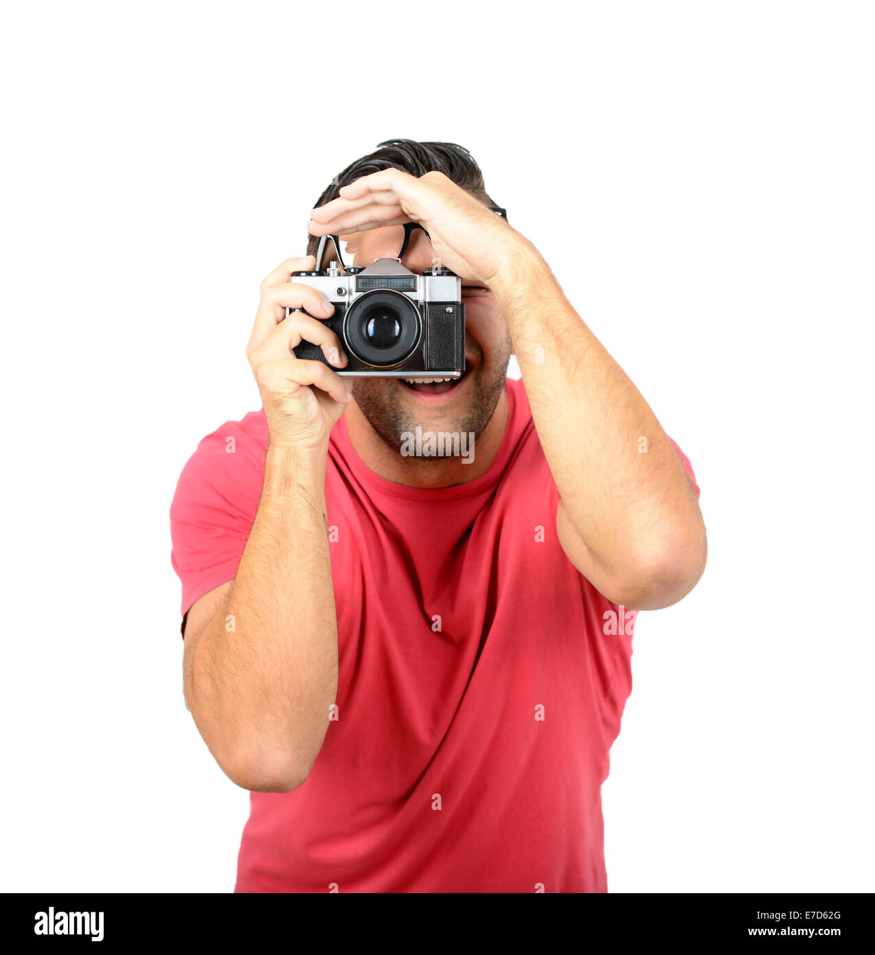Young man using a retro camera against white background Stock Photo - Alamy