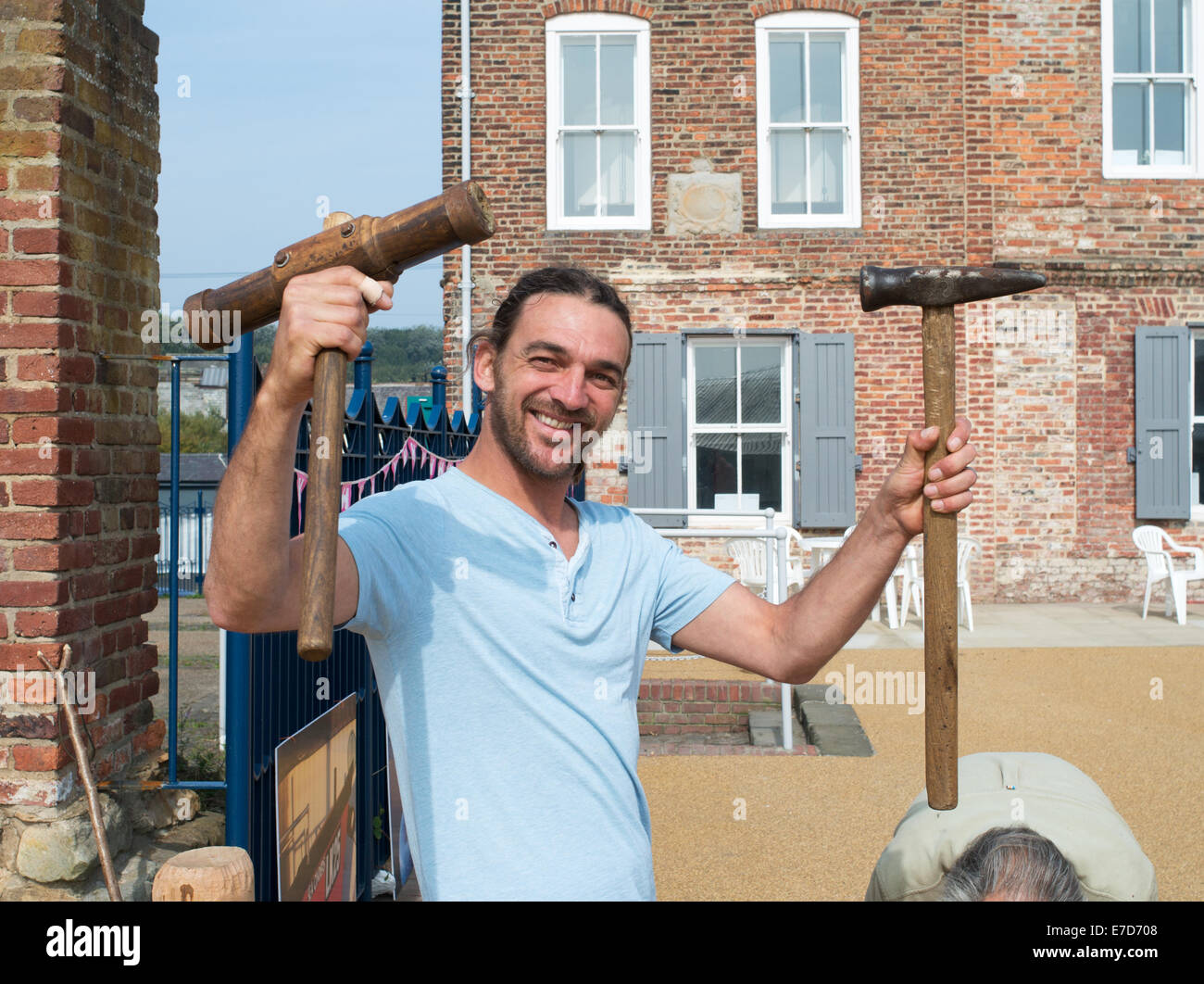 Sculptor Mark Crowley holding old shipwright's tools North Shields ...