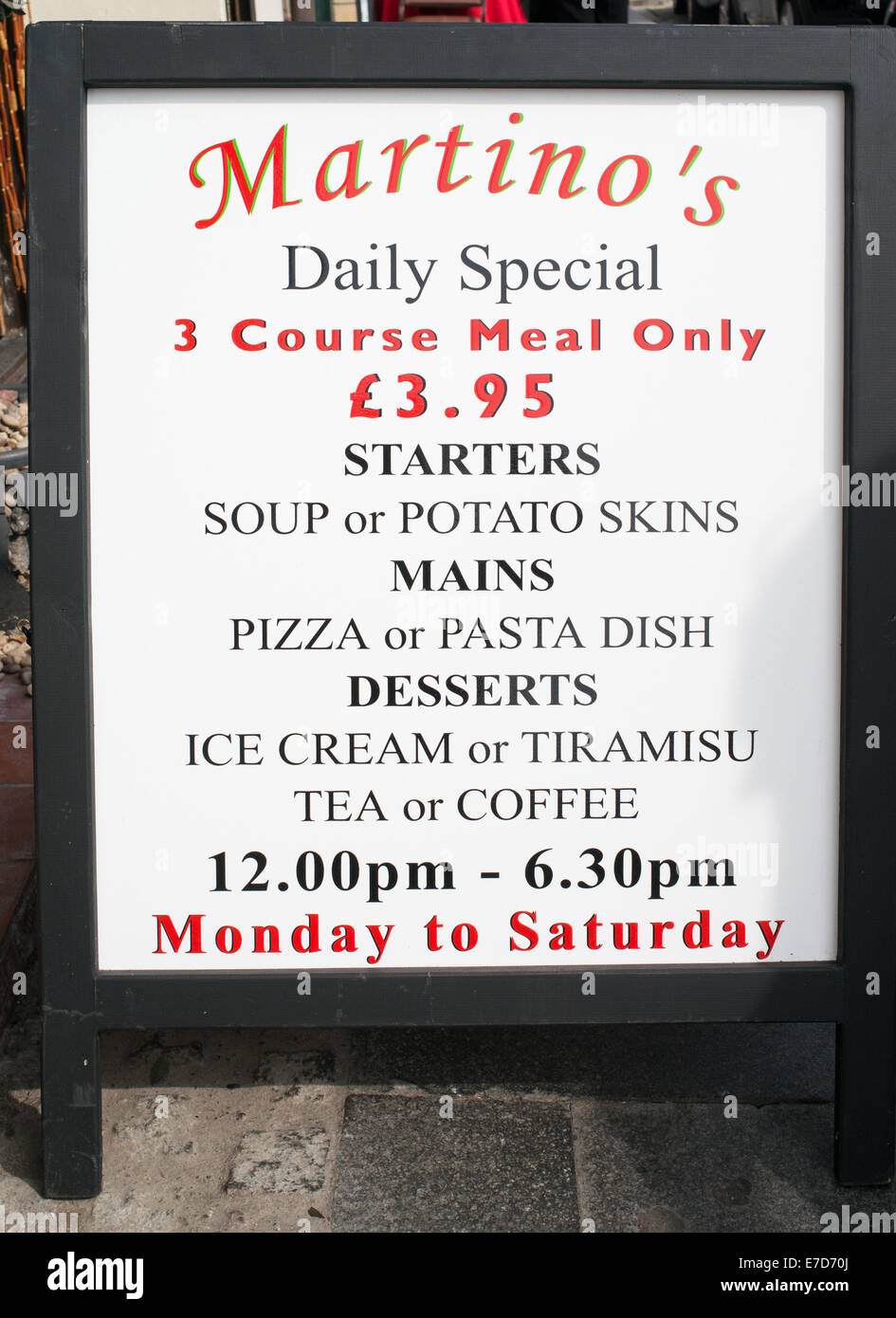 Bargain eating, sign advertising 3 course Italian meal for less than £4 ...