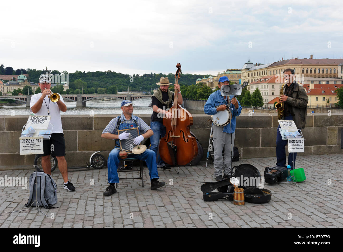 A five men Jazz band playing on Charles bridge to entertain passer-by ...
